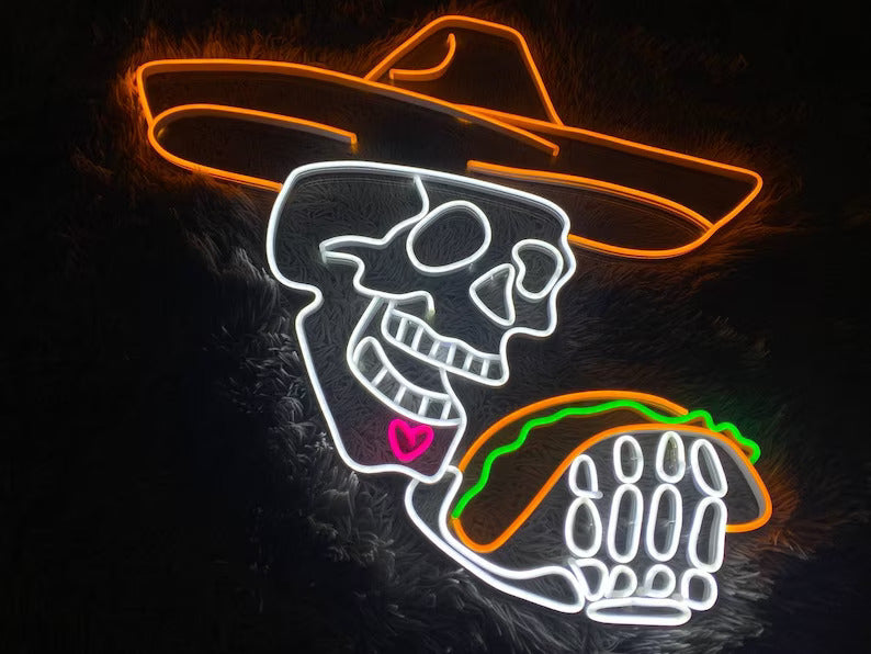 Mexican Sugar Skull Taco Neon Sign – Lets Custom Studio - Custom Neon Signs